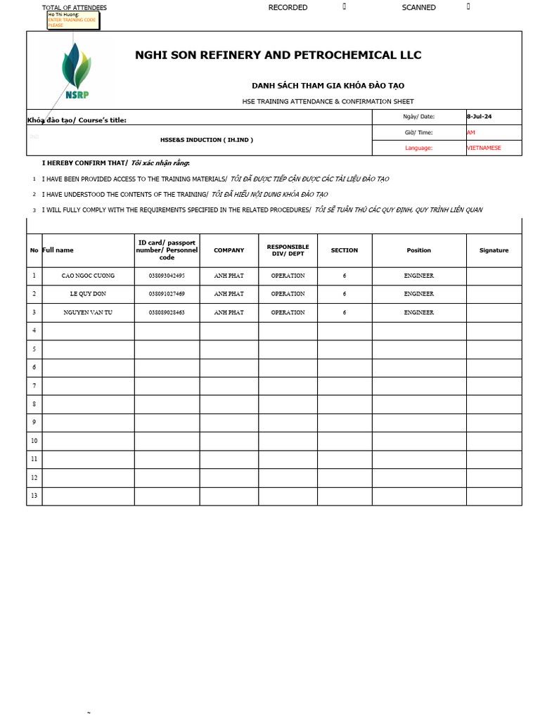Attendees List - Register Induction Training Ind+hzg+cse 8.7.24 | PDF