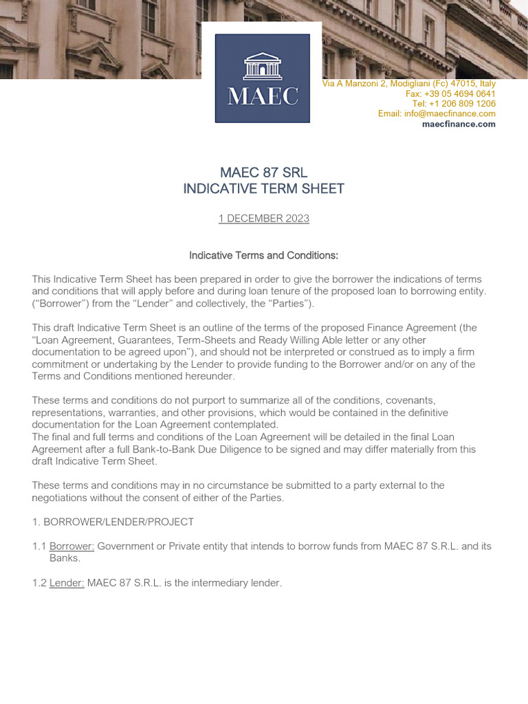 Maec Indicative Term Sheet 01.12.2023 | PDF | Loans | Debt