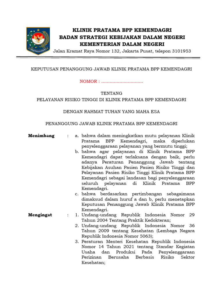 Kebijakan Pelayanan Risiko Tinggi Klinik BPP | PDF