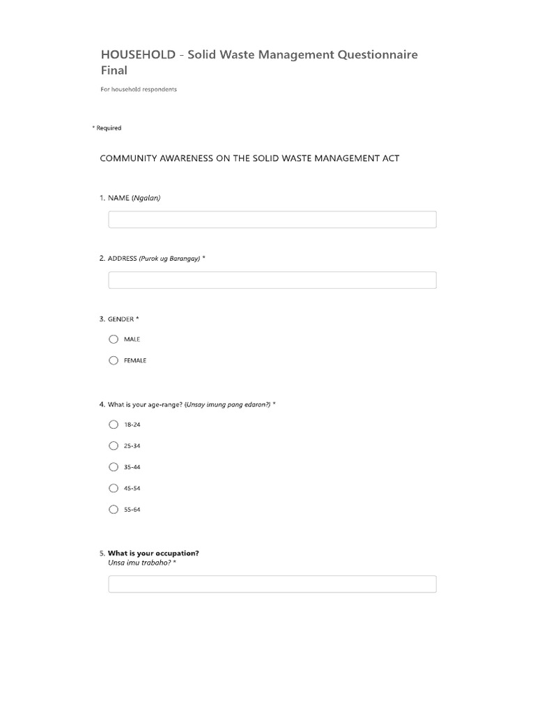 HOUSEHOLD - Solid Waste Management Questionnaire | PDF