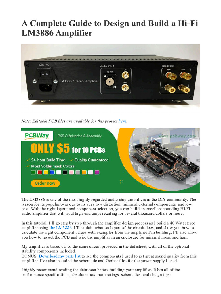 A Complete Guide To Design and Build A Hi-Fi LM3886 Amplifier | PDF