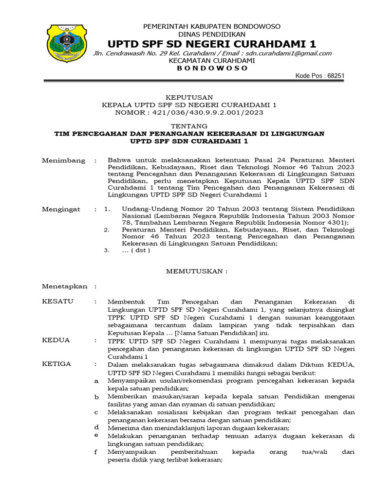 SK Tim Pencegahan Dan Penanganan Kekerasan Di Lingkungan Satuan Pendidikan_2023 | PDF