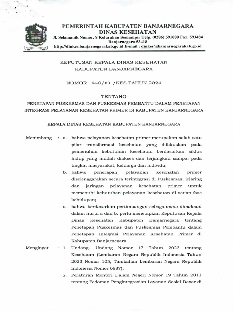 440 03 Kes 2024 - SK Penetapan Puskesmas Dan Pustu Dalam Ilp | PDF