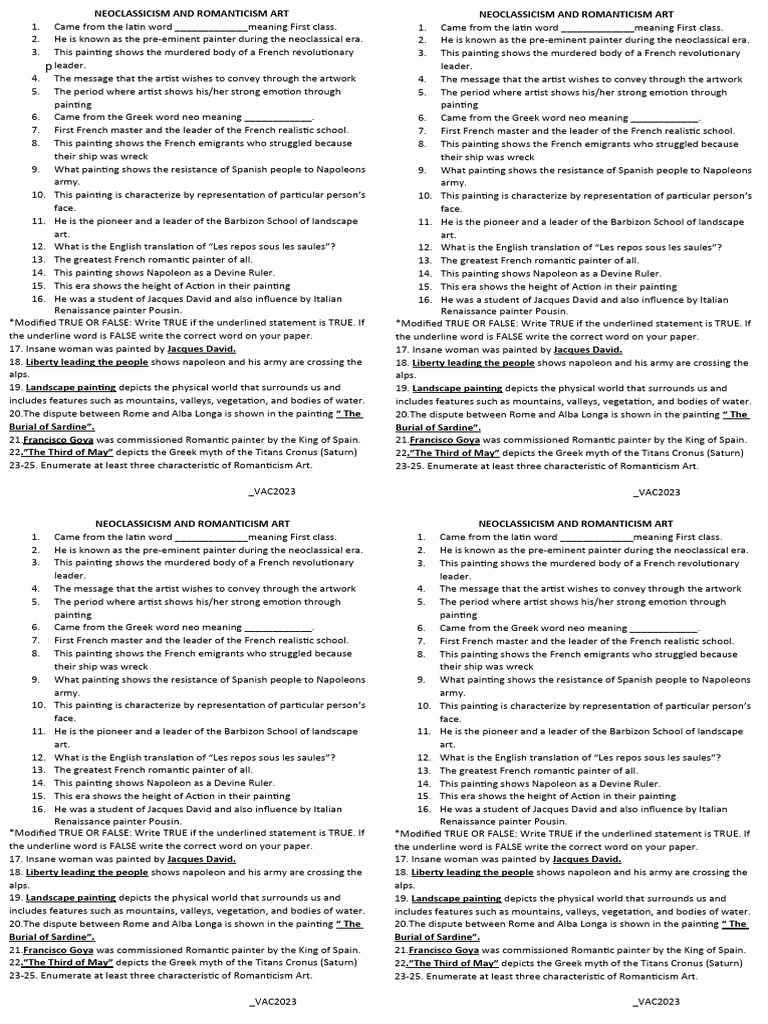 Neo and Romantic Art Quiz | PDF | Romanticism | Paintings