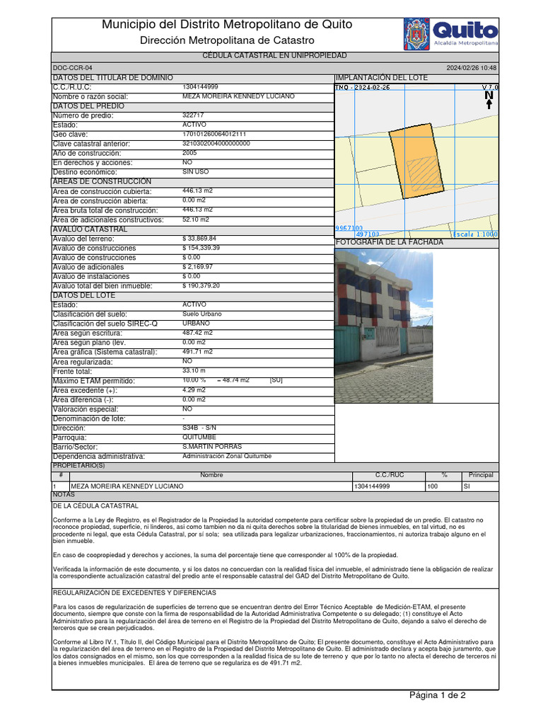 Cédula Catastral Quito: Detalles Predio 3210302004000000000 | PDF ...