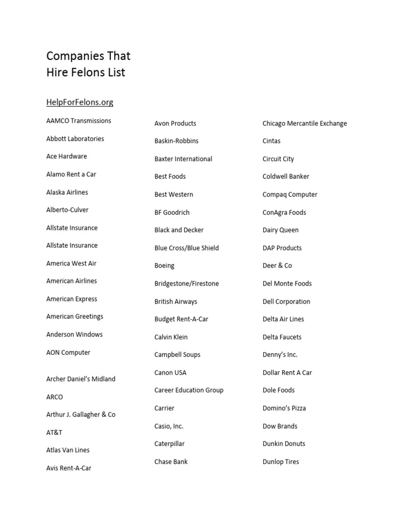 Companies That Hire Felons List | PDF | Publicly Traded Companies Of ... Companies That Hire Felons List | PDF | Publicly Traded Companies Of ...