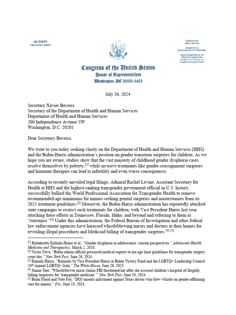 LTR To Hhs Trans Minor Surgeries | PDF | Transgender | LGBTQIA+ Studies