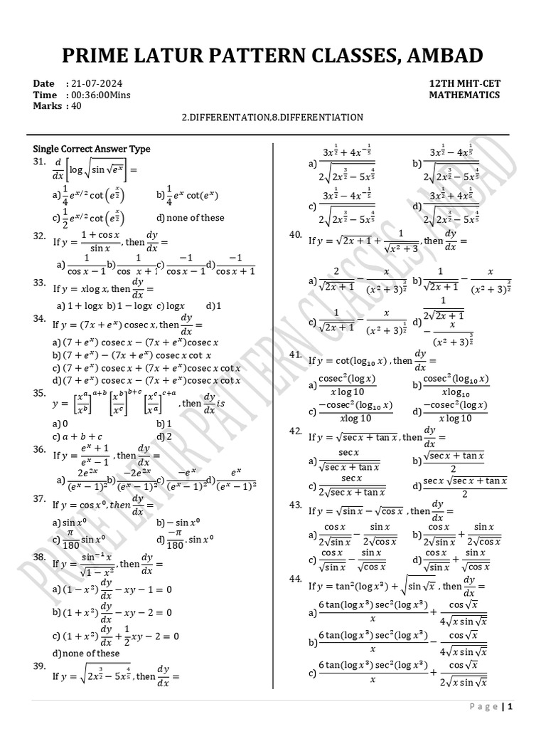 Test ID-12TH MHT-CET-MATHEMATICS-1 | PDF | Mathematics | Subtraction
