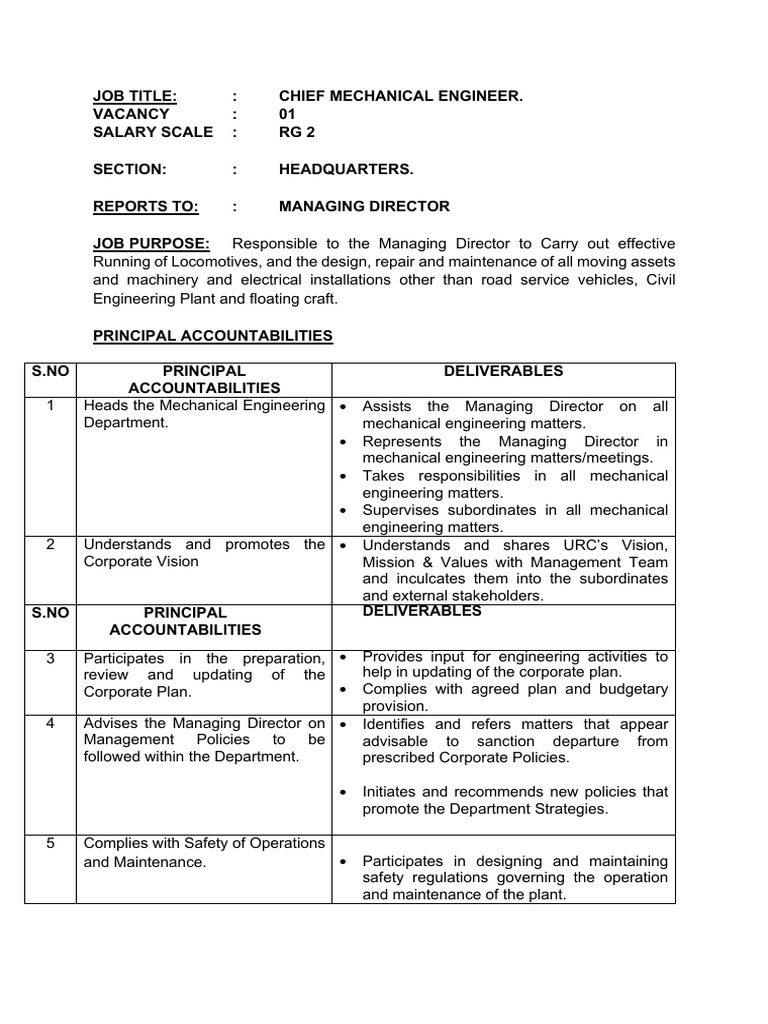 Chief Mechanical Engineer Job Vacancy | PDF | Engineering | Engineer