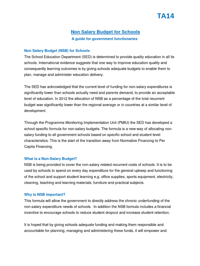TA-14 NSB A Guide For Government Functionaries | PDF | Schools | Budget