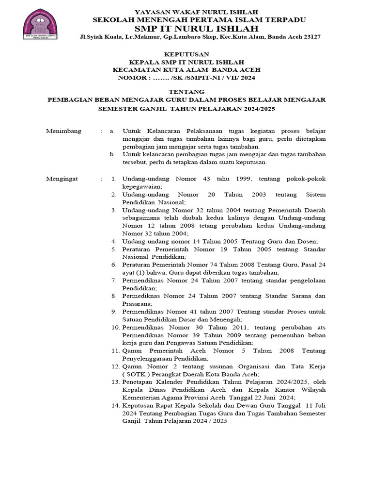 018 SK Pembagian Tugas Sem Ganjil 2024 - 2025 Internal | PDF