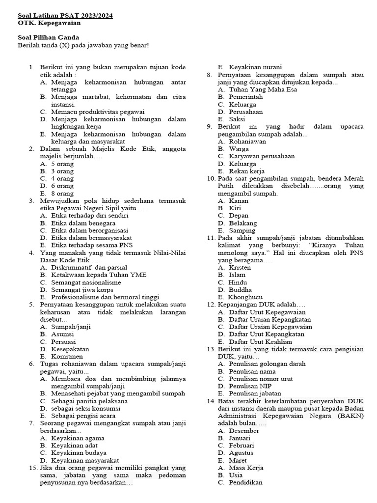 Soal PSAT Kelas XI MPLB OTK Kepegawaian 2024 - New | PDF