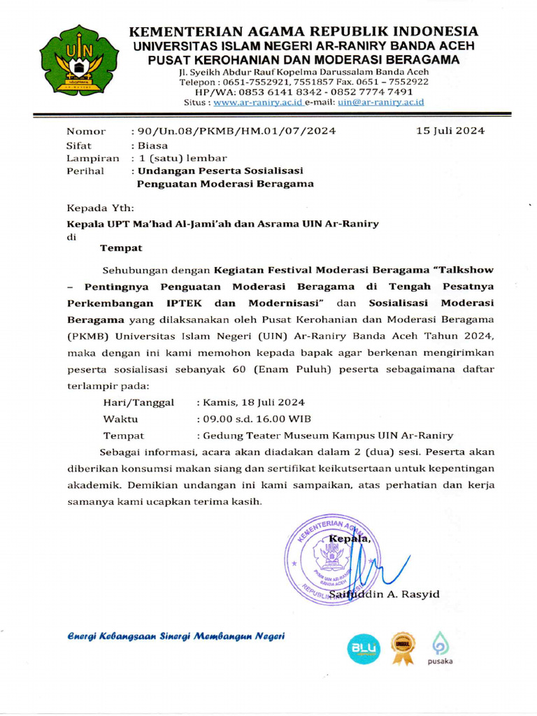 Undangan Peserta Sosialisasi PMB Ma'Had UIN | PDF