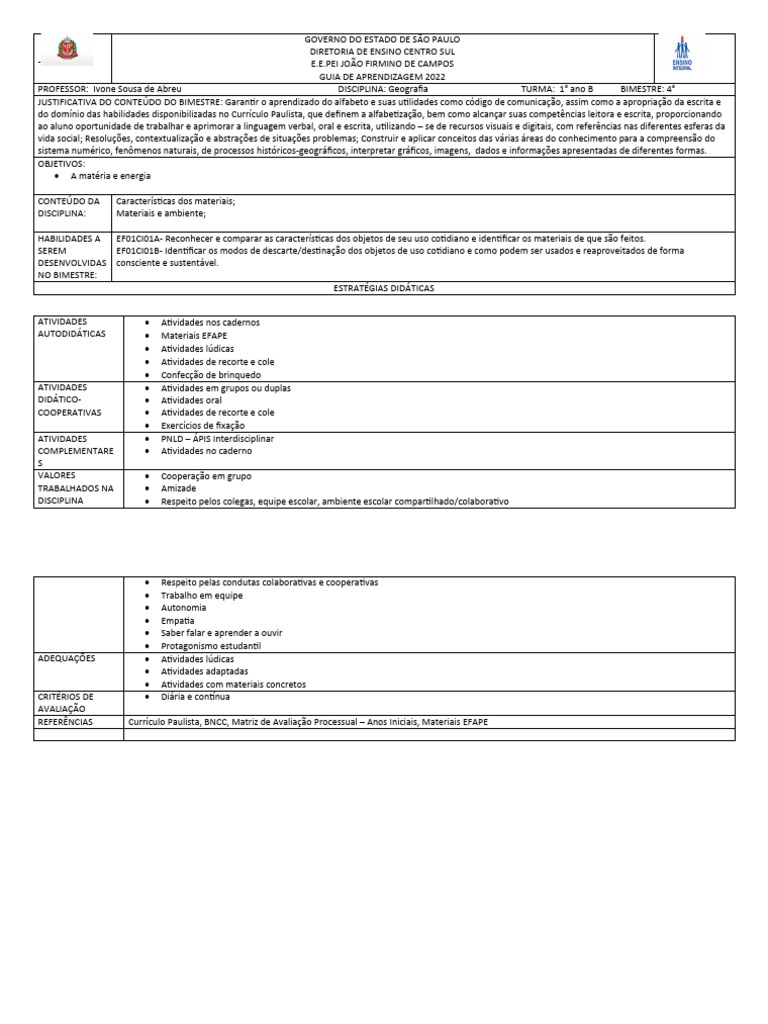 Guia de Aprendizagem 1 ° Ano B - Geografia 4° Bimestre | PDF ...