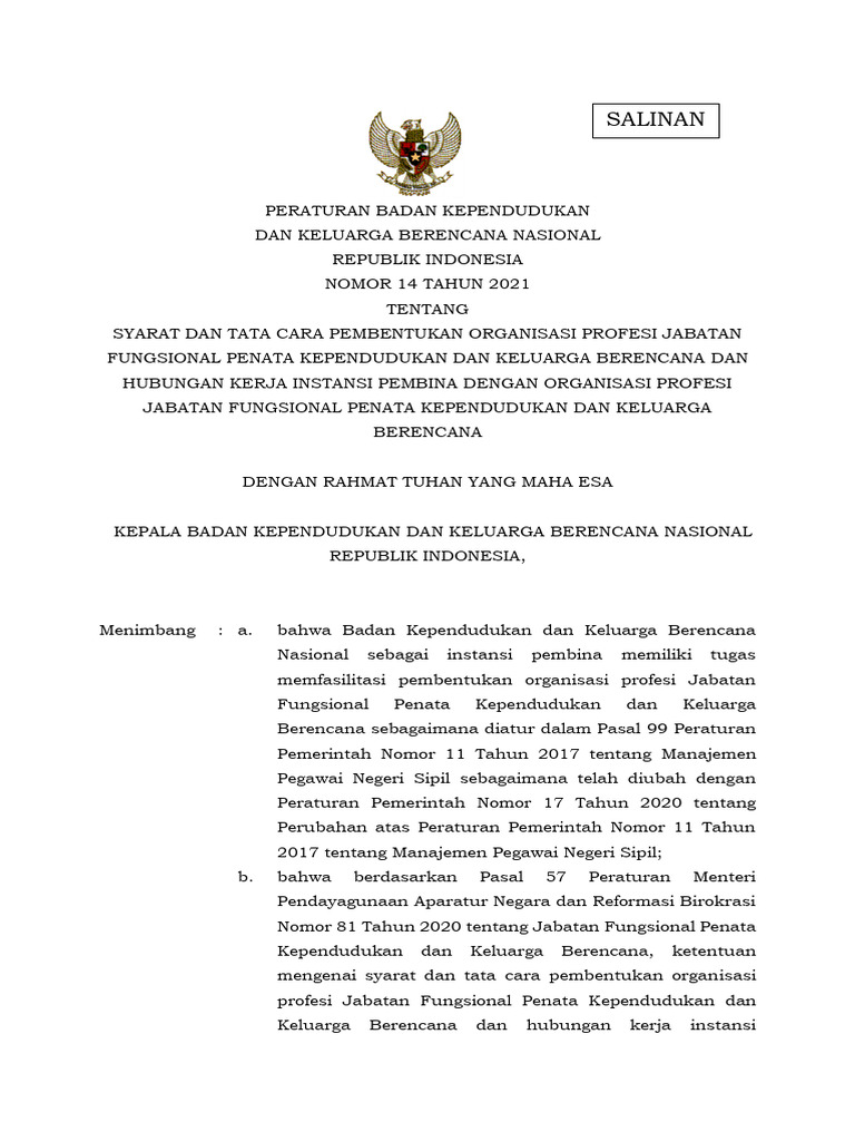 2021-Peraturan BKKBN Nomor 14 Tahun 2021 | PDF