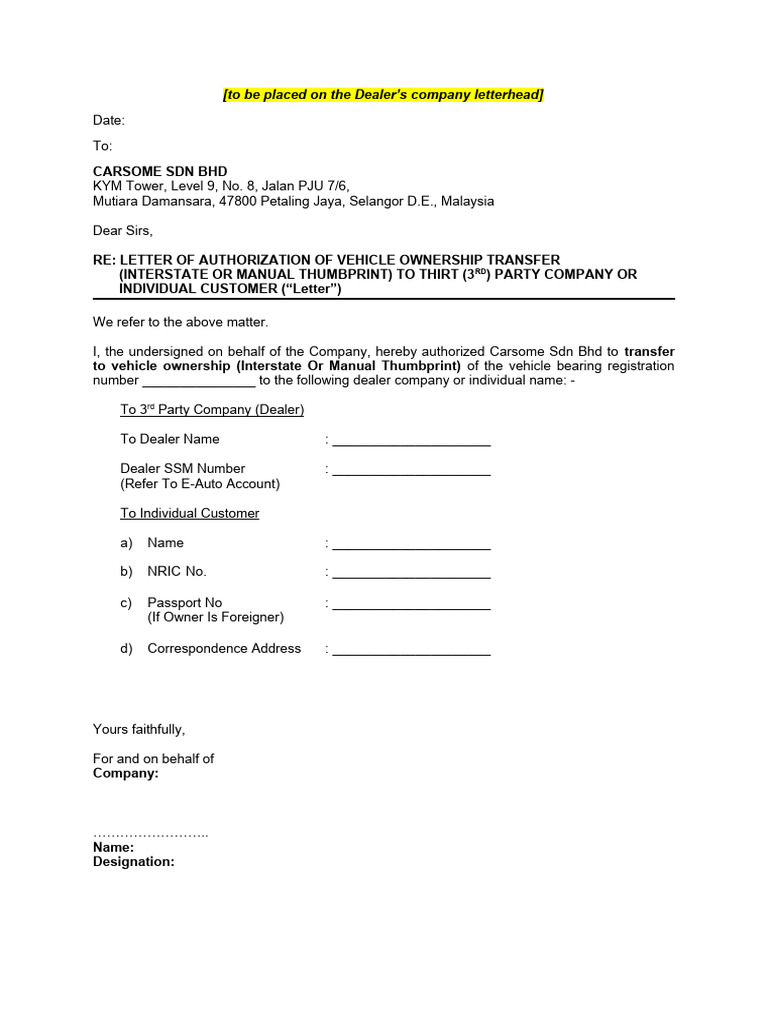 Vehicle Ownership Transfer Authorization Letter | PDF
