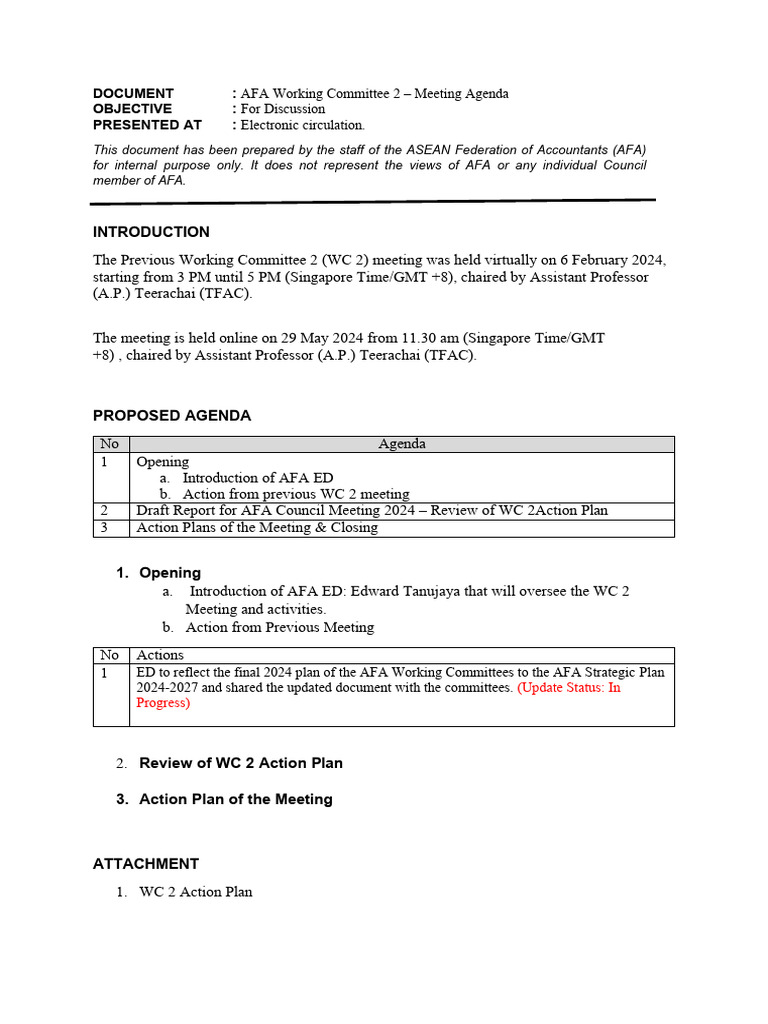 WC2 Meeting Agenda 22052024 | PDF | Technology & Engineering