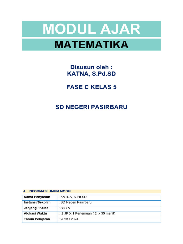 BAB 9 - Modul Ajar Matematika Kls 5 Pecahan | PDF | Metode & Bahan Ajar | Seni