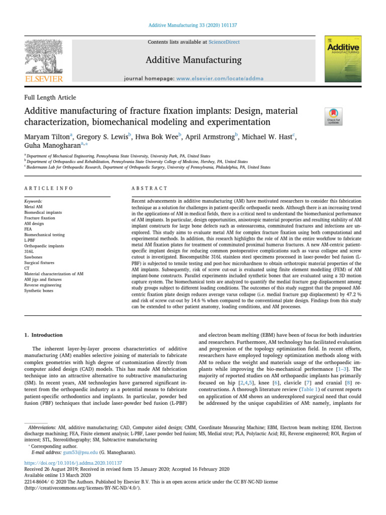 Additive Manufacturing of Fracture Fixation Implants Design 2020 ...