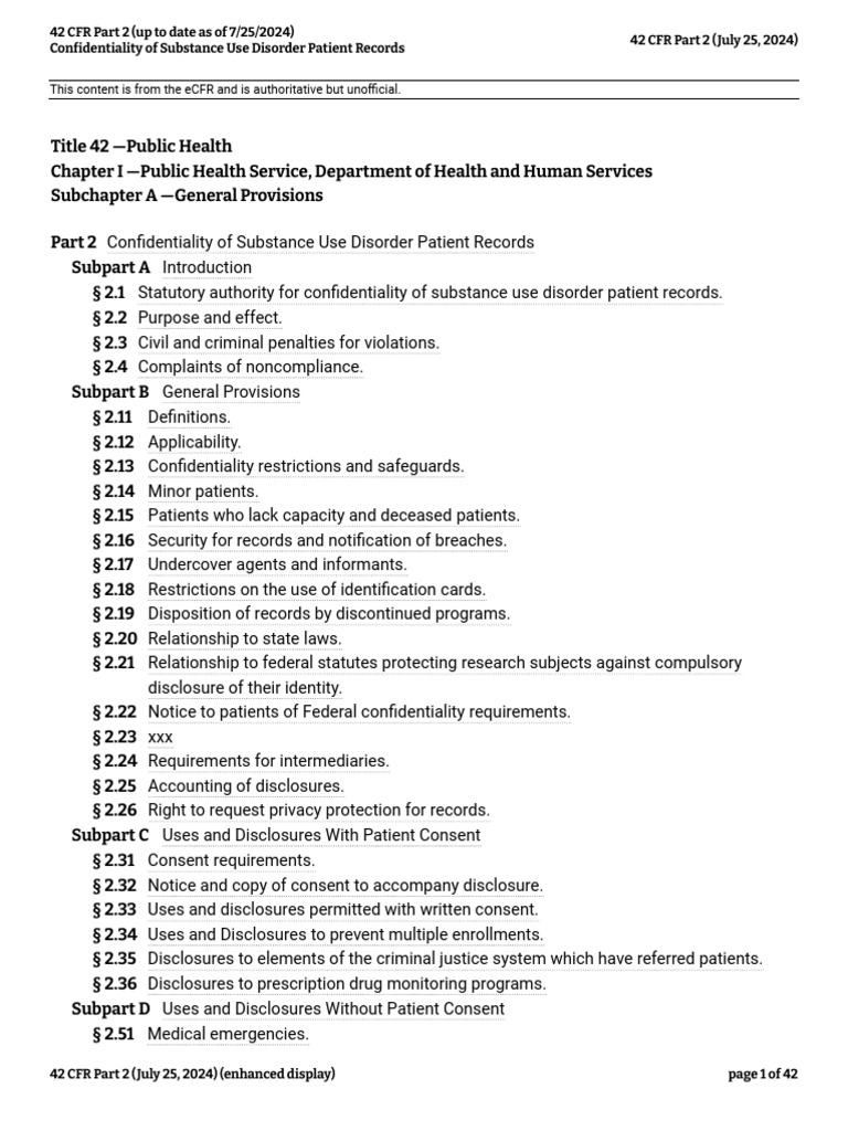 42 CFR Part 2 (Up To Date As of 7-25-2024) | PDF | Health Insurance ...