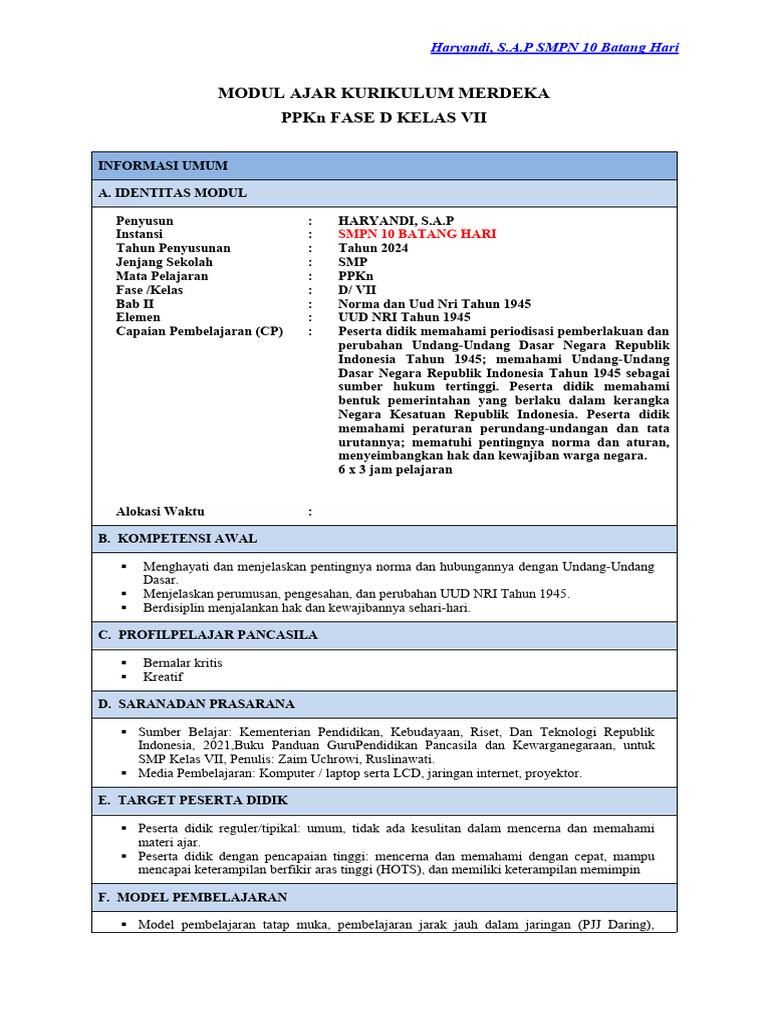 Modul Ajar PPKN Kelas 7 Bab 2 | PDF | Karier & Perkembangan
