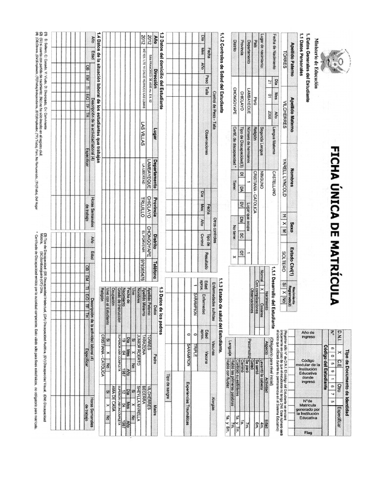Ficha De Matricula Pdf