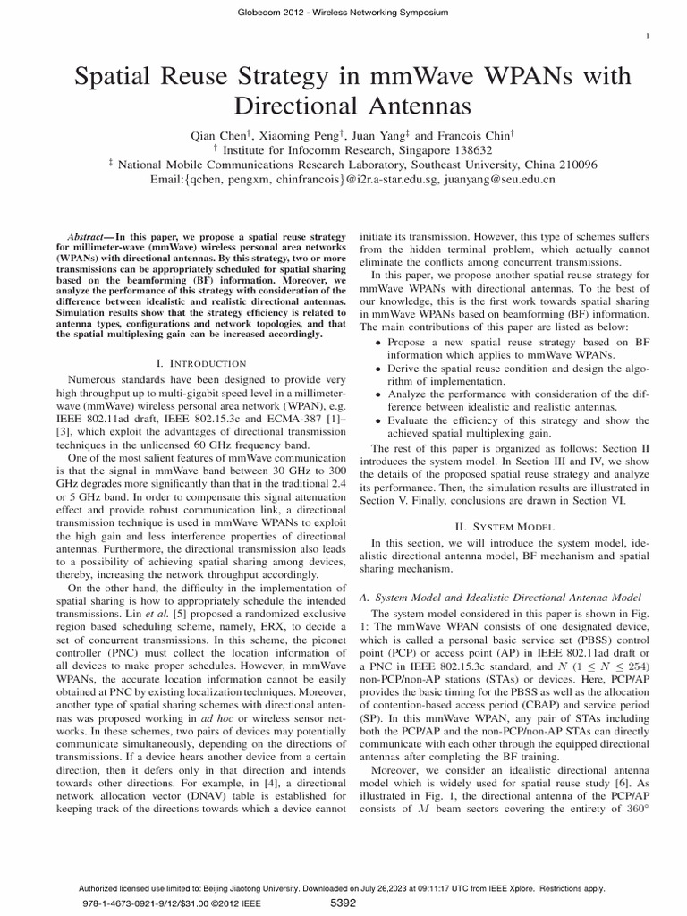 Spatial Reuse Strategy in MmWave WPANs With Directional Antennas | PDF | Extremely High ...