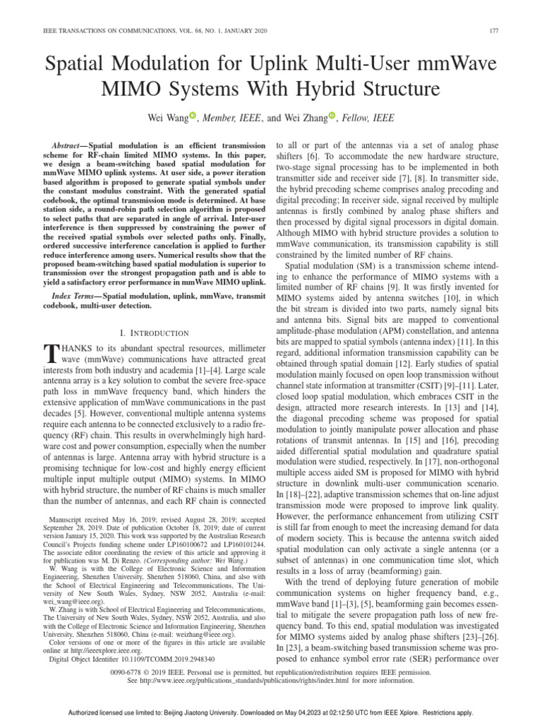 Spatial Modulation For Uplink Multi User Mmwave Mimo Systems With