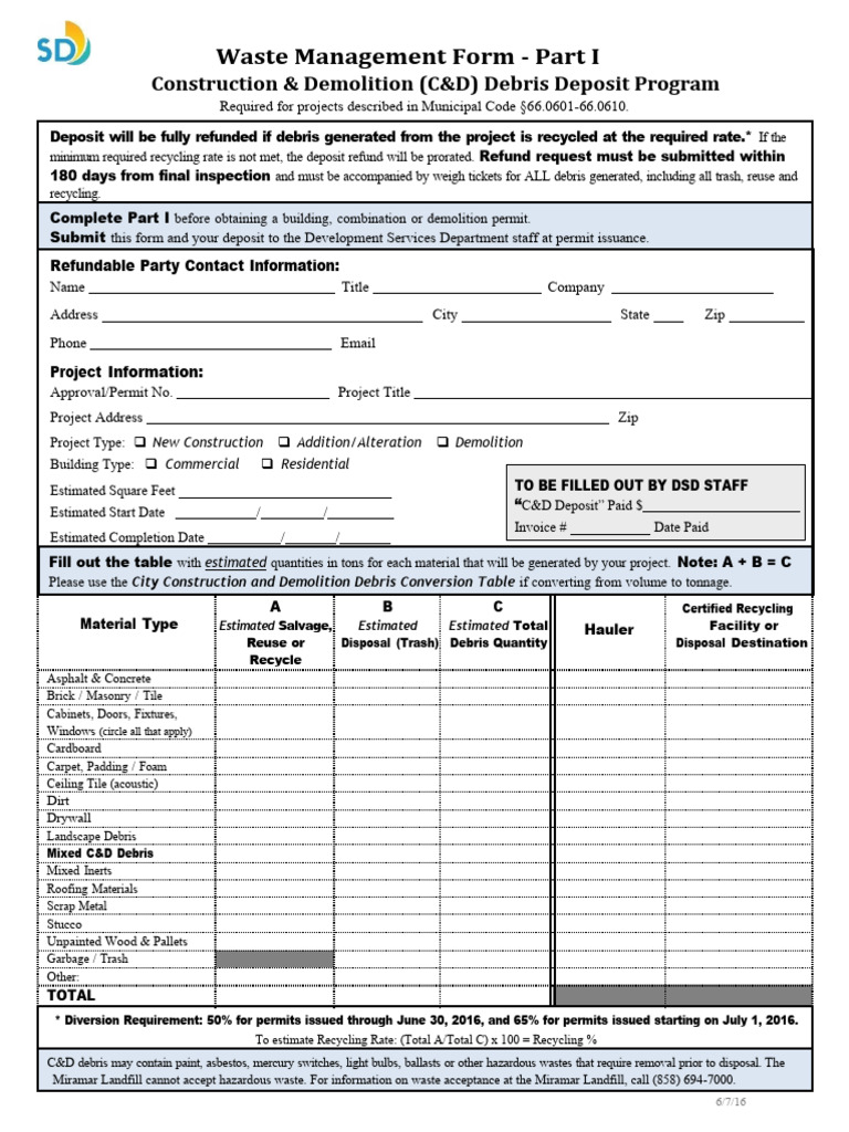 San Diego C&D Waste Management Form | PDF | Waste | Recycling