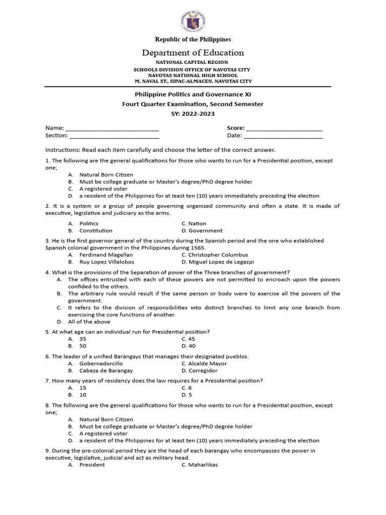 Philippine Politics and Governance Exam | PDF | President Of The Philippines | World Politics