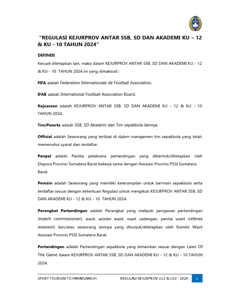 Draf Regulasi U12-U10 Payakumbuh | PDF