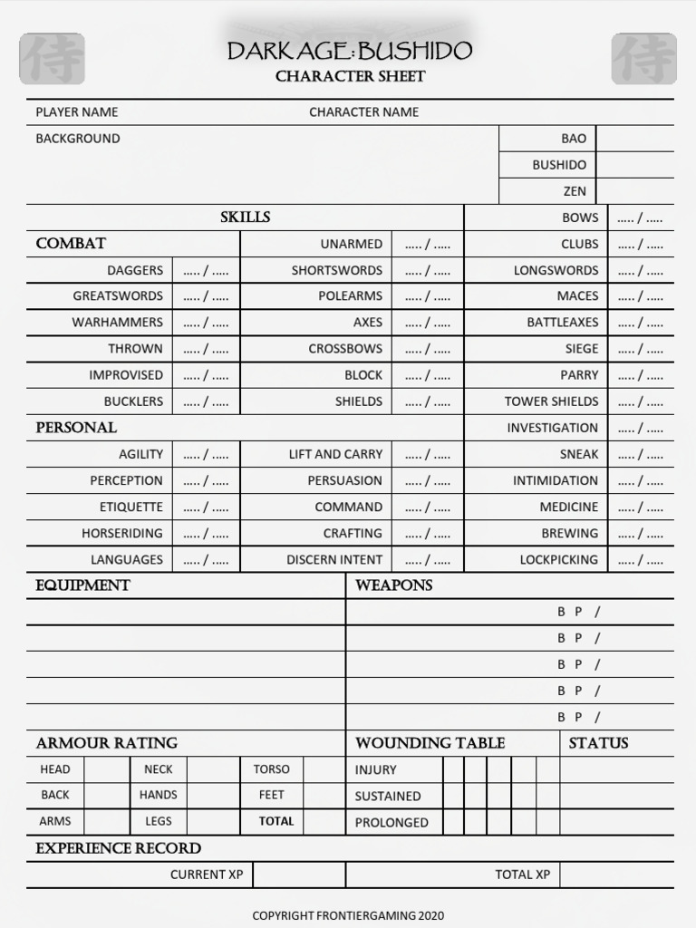 PDF DarkAge Bushido Char Sheet | PDF