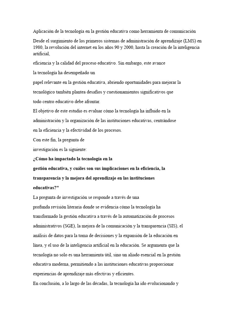 Aplicación de La Tecnología en La Gestión Educativa Como Herramienta de Comunicación | PDF ...