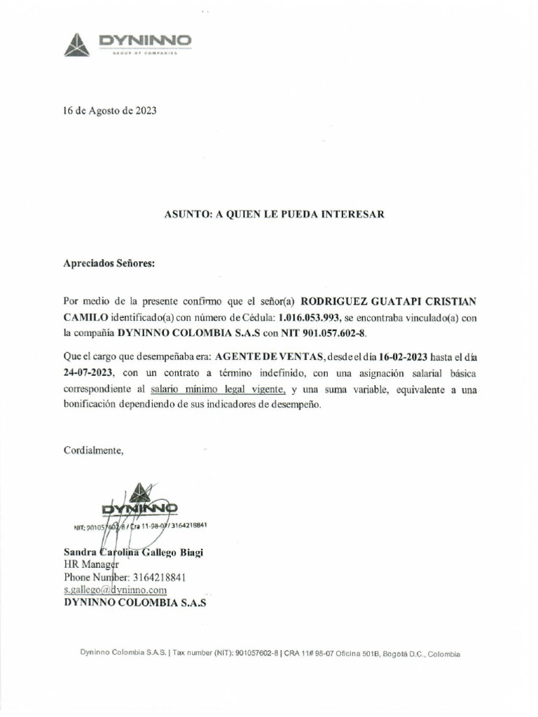 Certificacion Laboral Dyninno | PDF