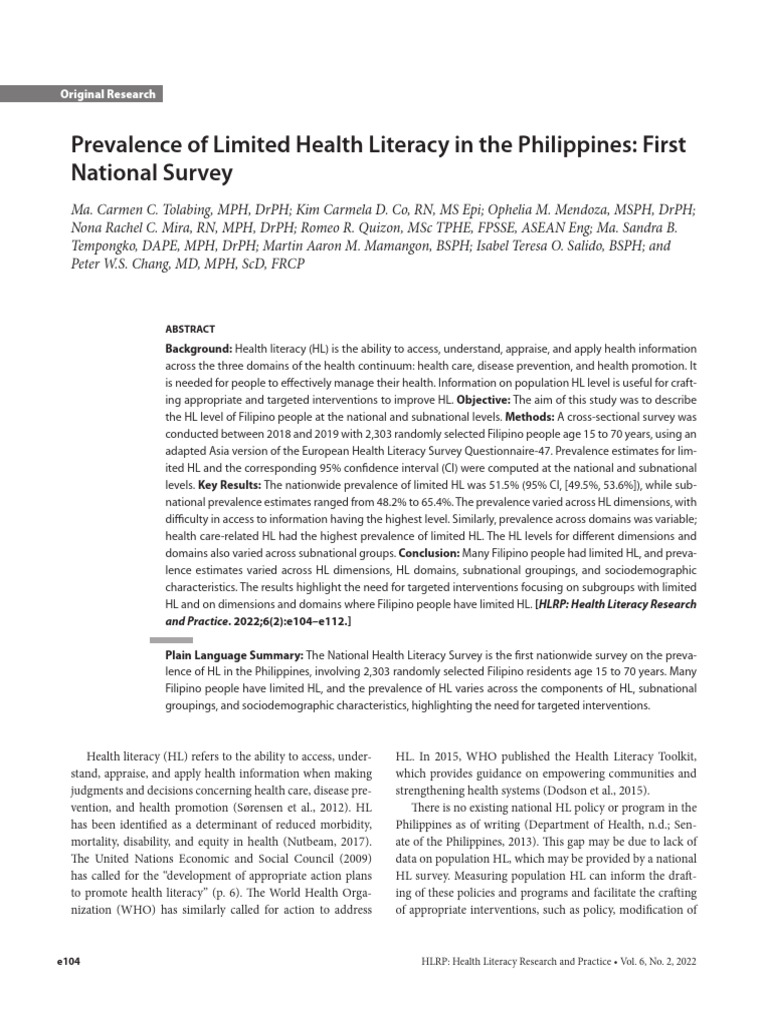 Helath Literacy Prevalence | PDF | Sampling (Statistics) | Literacy