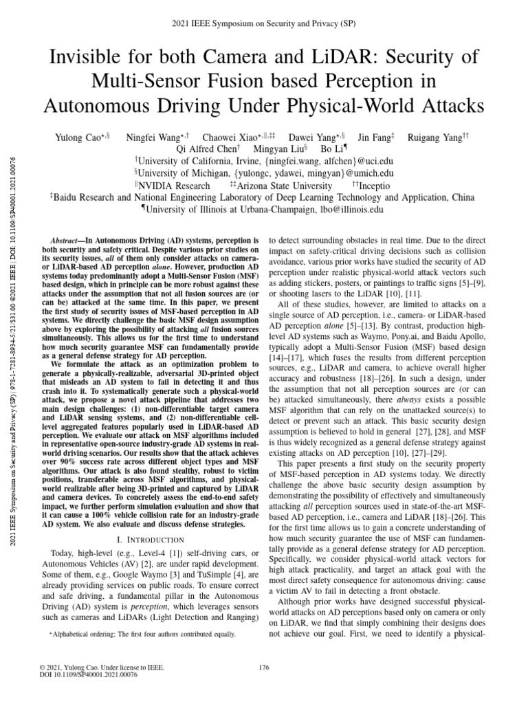 Invisible For Both Camera and Lidar: Security of Multi-Sensor Fusion Based Perception in ...