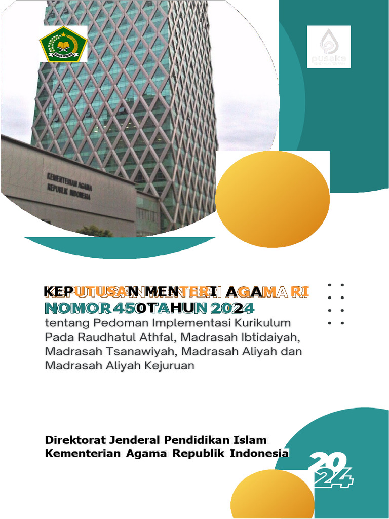 Surat Pengantar Dan KMA 450 Tahun 2024 Pedoman Implementasi Kurikulum PD RA MI MTs MA Dan MAK | PDF