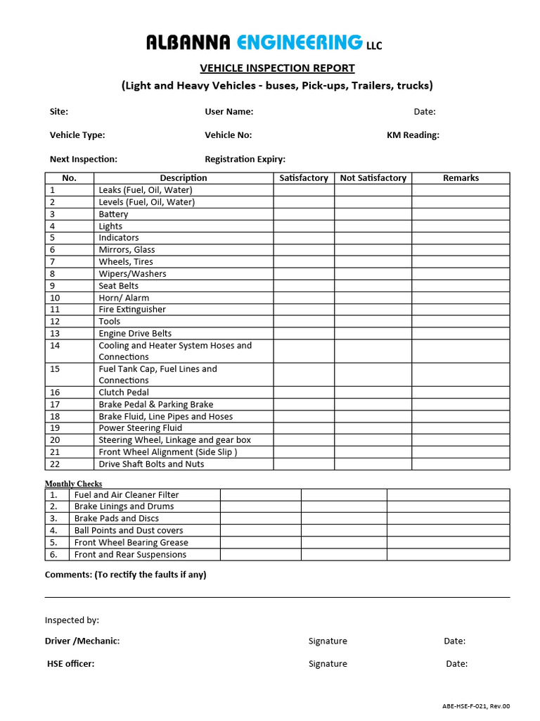 F-021-Light Heavy Vehicle Inspections Checklist | PDF