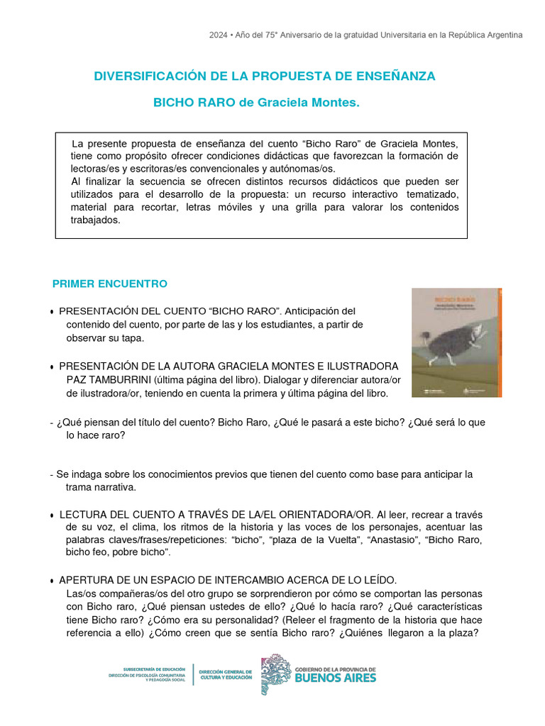 Enseñanza del cuento "Bicho Raro" | PDF | Modificación de ...