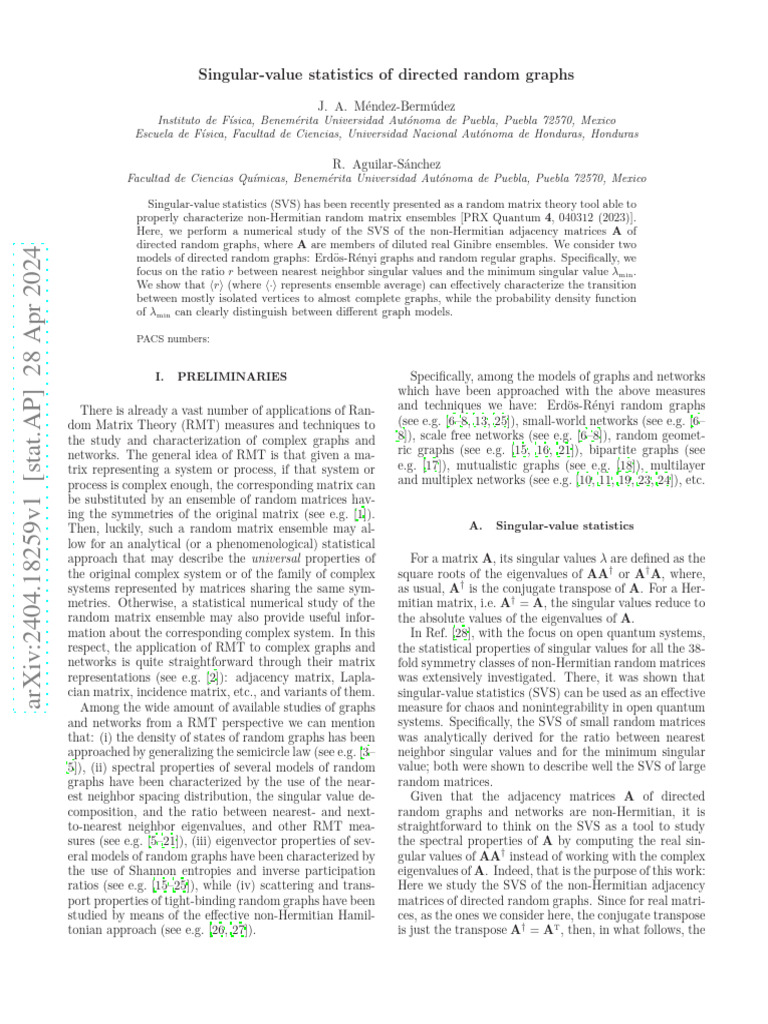 Singular-Value Statistics of Directed Random Graphs: PACS Numbers | PDF ...