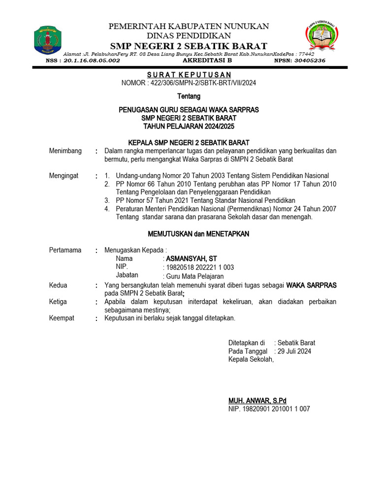 Penugasan Waka Sarpras Baru | PDF