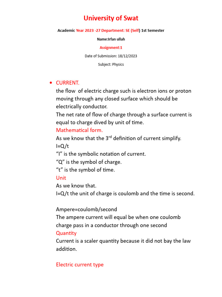 Swat University Physics Assiginment1 | PDF | Electric Current ...