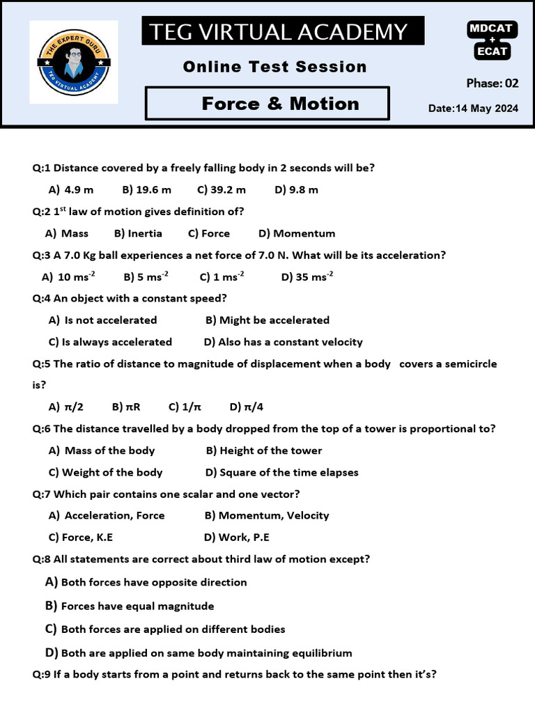 Force and Motion Test (TEG Virtual) | PDF | Force | Velocity