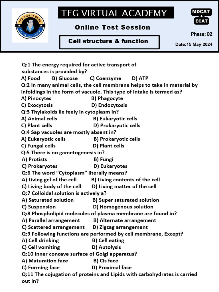 Cell Structure & Function Test | PDF | Cell (Biology) | Endoplasmic ...