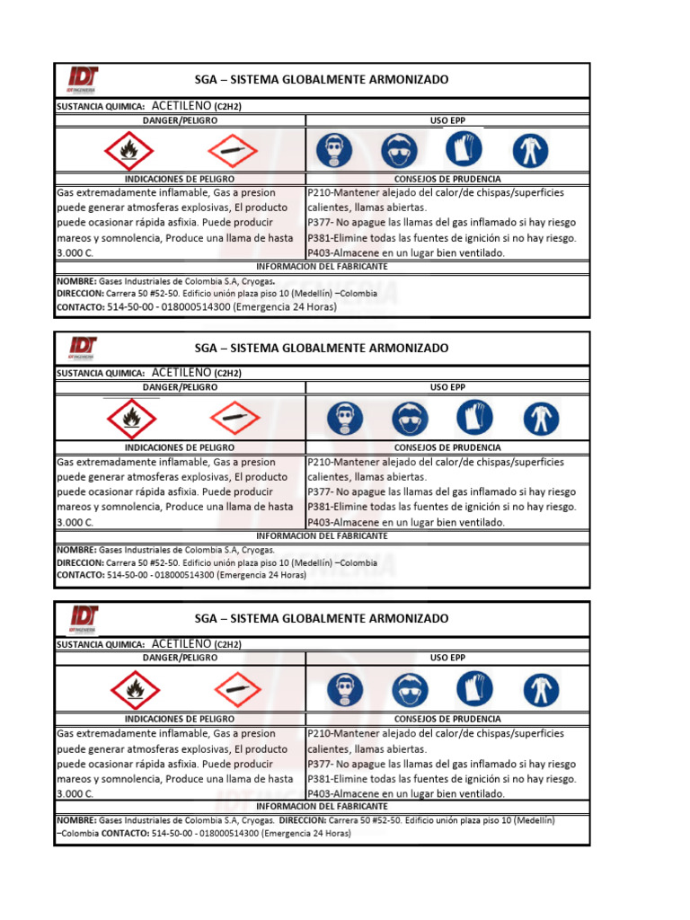 Rotulos SGA IDT ACETILENO | PDF | Gases | Ingeniería de Procesos Químicos