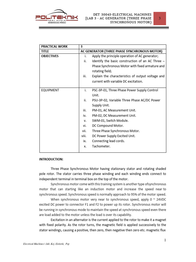 Det30043-Electrical Machines Lab 3 - Ac Gen | PDF | Electric Motor | Electric Generator