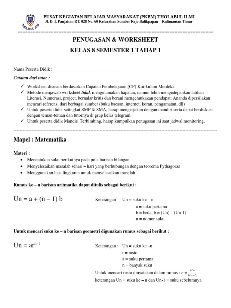 Worksheet Tahap 1 Matematika Kelas 8 Semester 1 Pdf