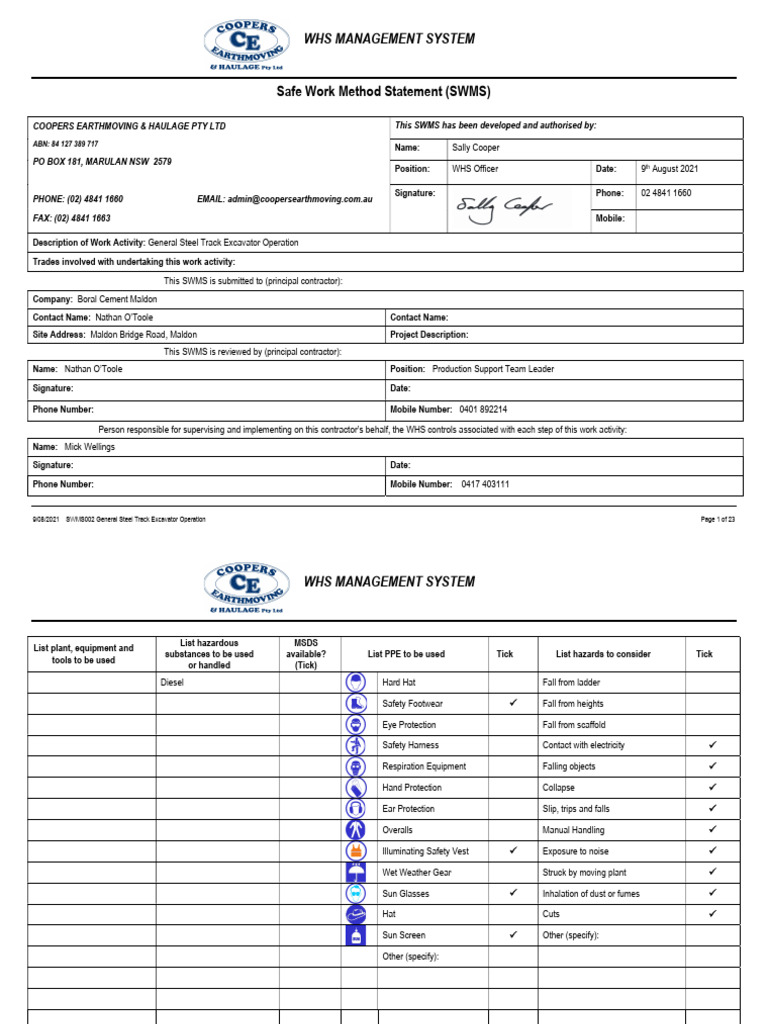 Coopers SWMS Excavator Operation | PDF | Risk | Personal Protective ...