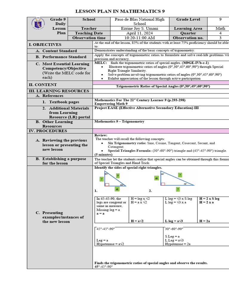 Final Demo Lesson Plan | PDF | Trigonometric Functions | Trigonometry