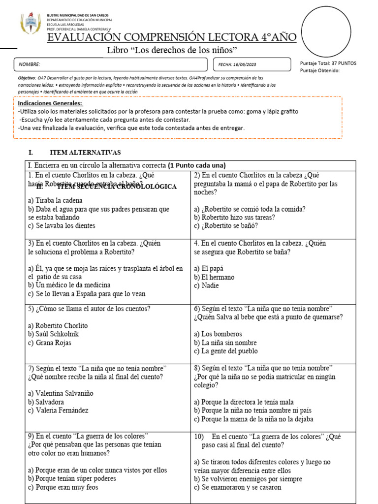 Prueba Libro Cuentos Derechos de Los Niños | PDF